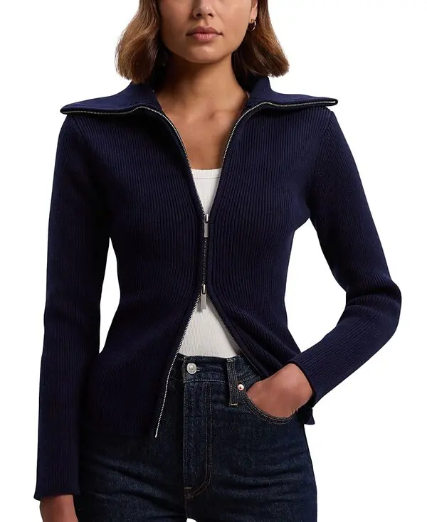 Karen Millen Cotton Zip Through Collar Knit Cardigan - Navy