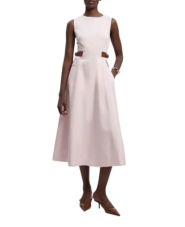Karen Millen Fitted Belt Crew Neck Midi Dress - Blush