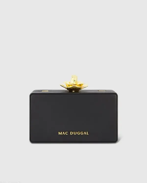 Mac Duggal Leather Box Clutch With Gold Rose Closure - Black