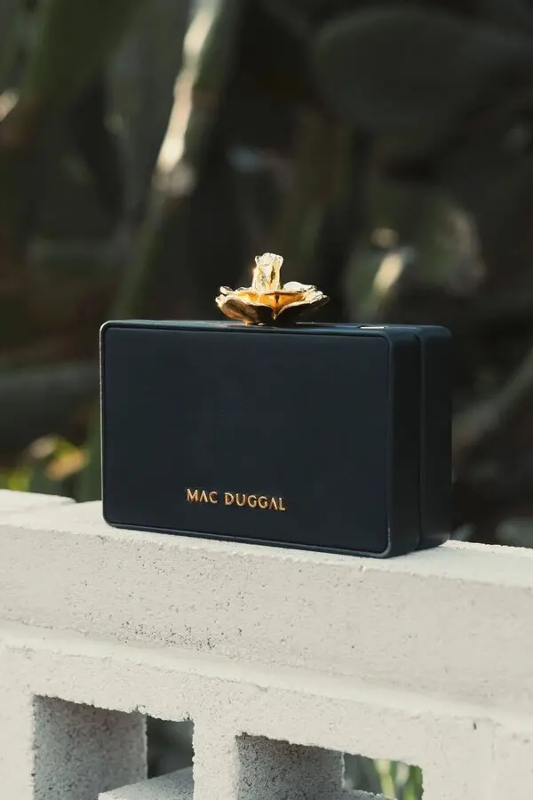 Mac Duggal Leather Box Clutch With Gold Rose Closure