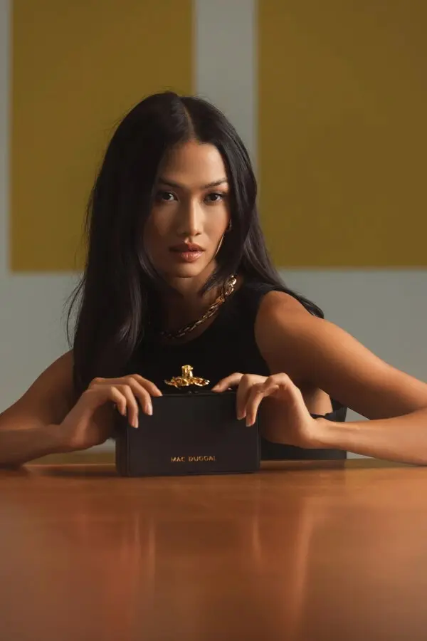 Mac Duggal Leather Box Clutch With Gold Rose Closure