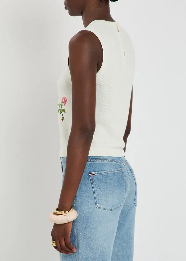 Alice + Olivia Floral Embroidered Knit Top - White