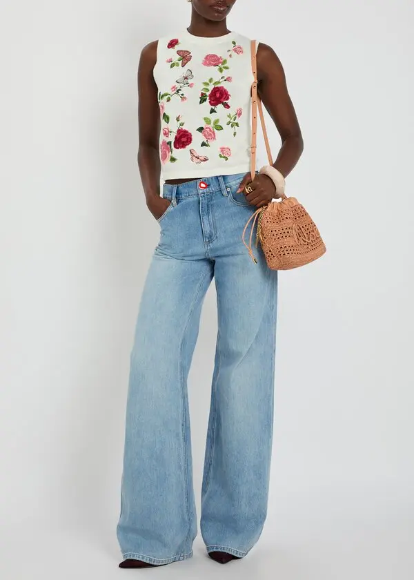 Alice + Olivia Floral Embroidered Knit Top - White