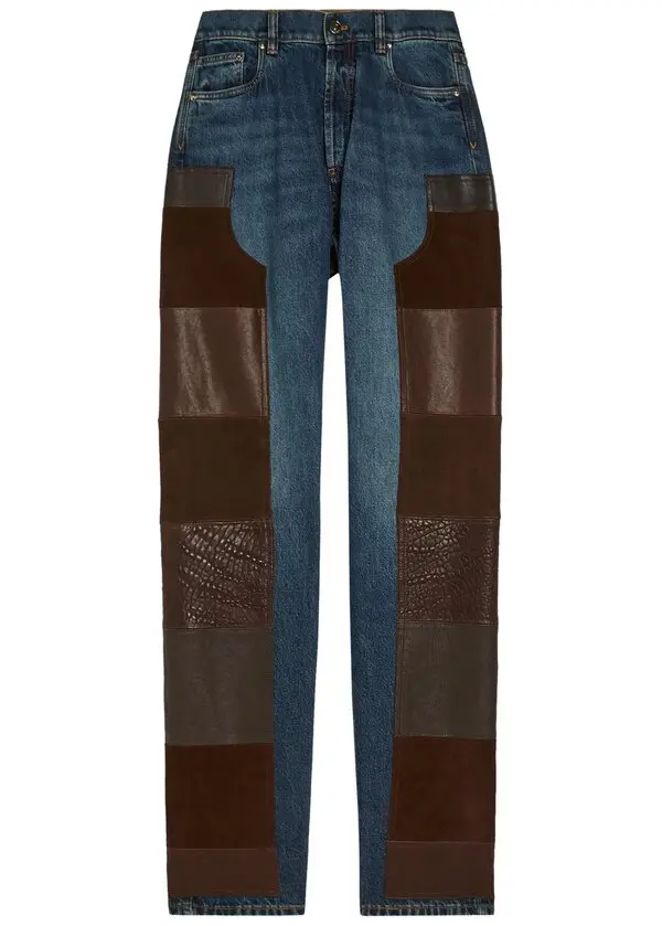 Versace Patchwork Leather And Suede Straight-leg Jeans - Blue