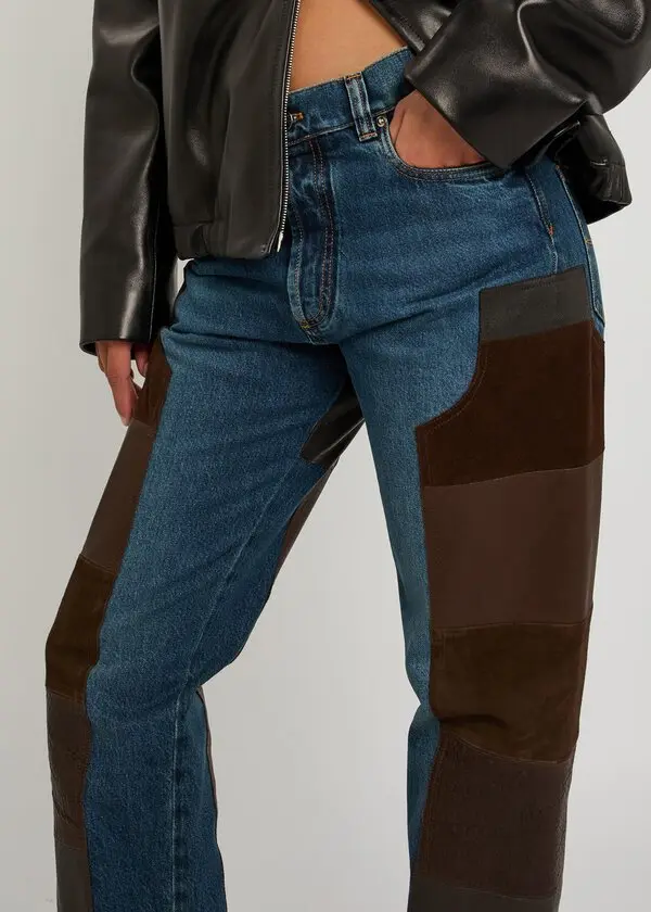 Versace Patchwork Leather And Suede Straight-leg Jeans - Blue