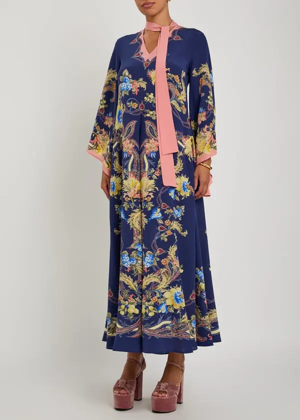 Etro Printed Silk Maxi Dress With Scarf Neckline