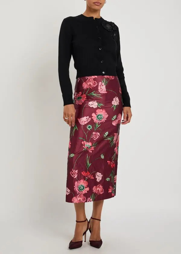 Erdem Floral-print Satin Midi Pencil Skirt - Red