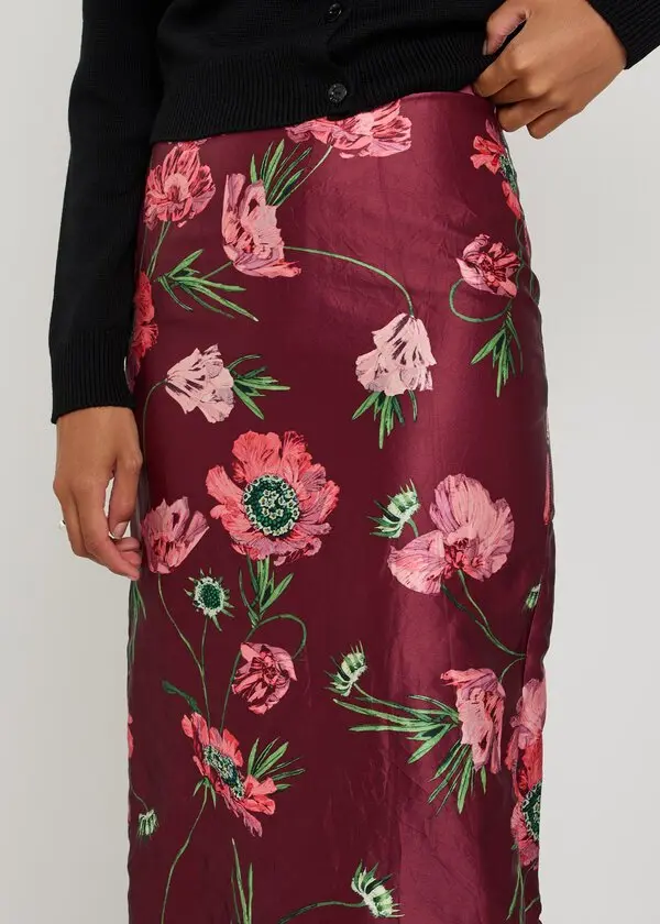 Erdem Floral-print Satin Midi Pencil Skirt - Red