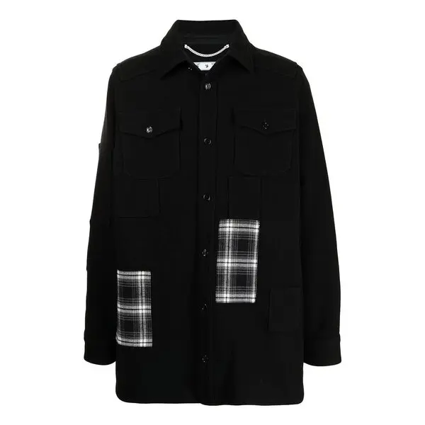 Off-White Logo Print Plaid Patch Pocket Lapel Jacket - Black