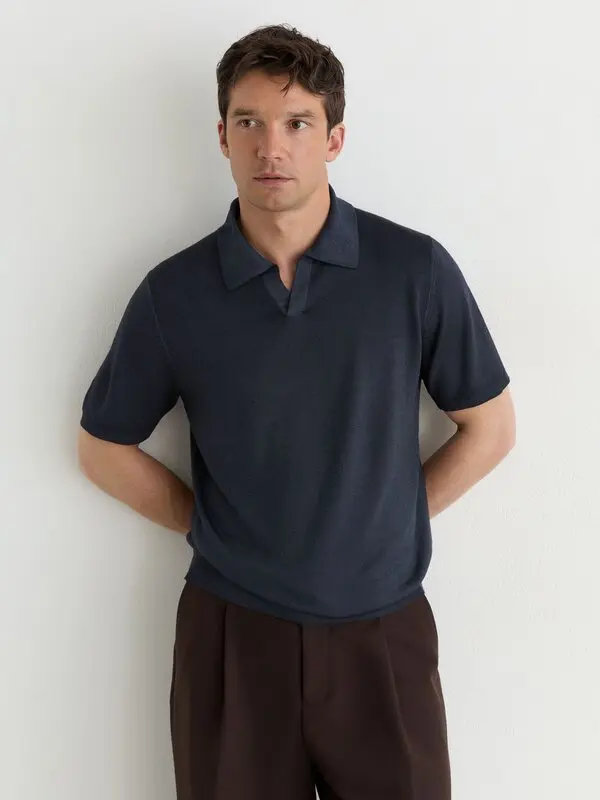 REISS Rook Pigment-dyed Merino Wool Open-collar Polo Shirt - Navy