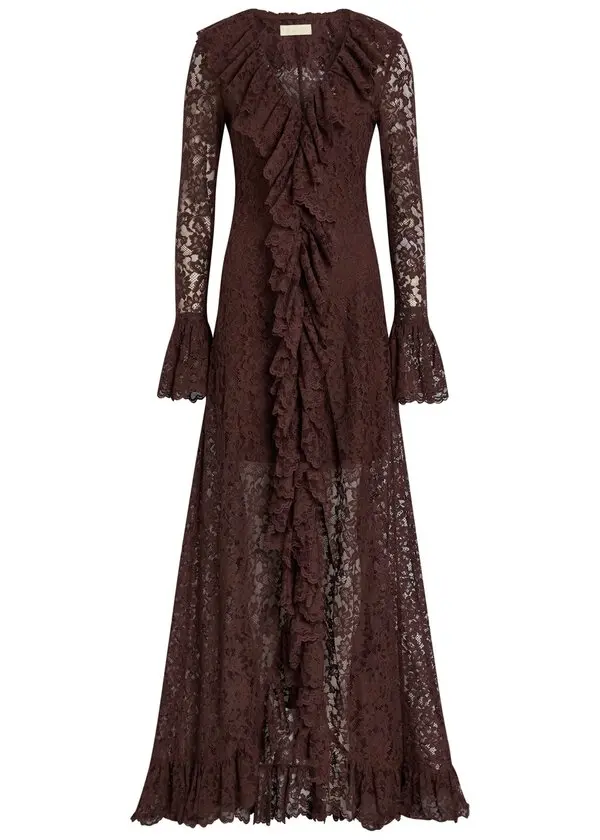 DE LA VALI Clementina Ruffled Guipure Lace Maxi Dress - Brown