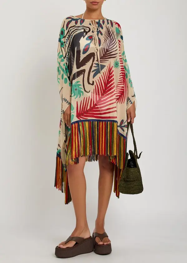 Etro Printed Fringed Sheer Seersucker Cover-up