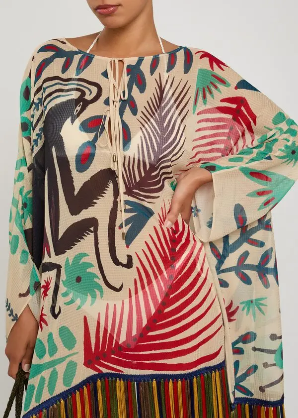 Etro Printed Fringed Sheer Seersucker Cover-up