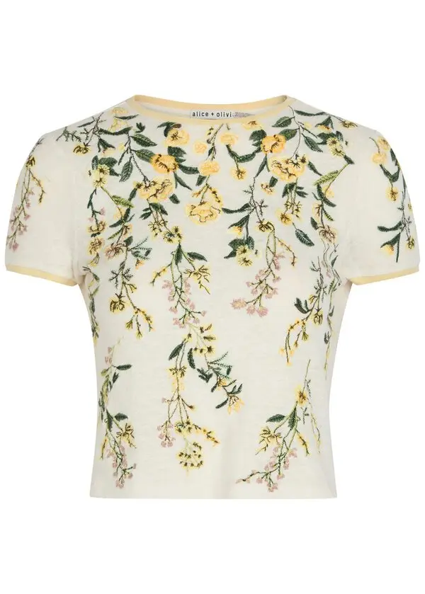 Alice + Olivia Cindy Floral-embroidered Linen T-shirt - Multicoloured