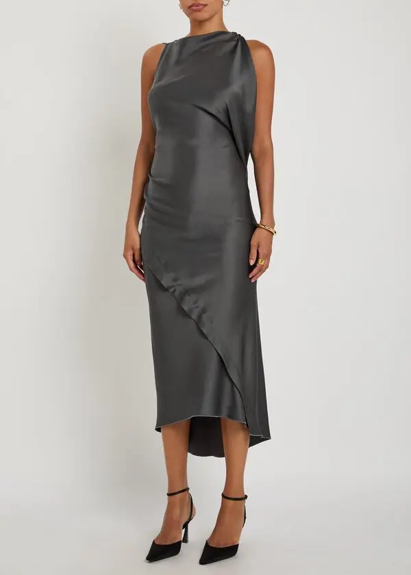 Victoria Beckham Draped Satin-crepe Midi Dress - Brown