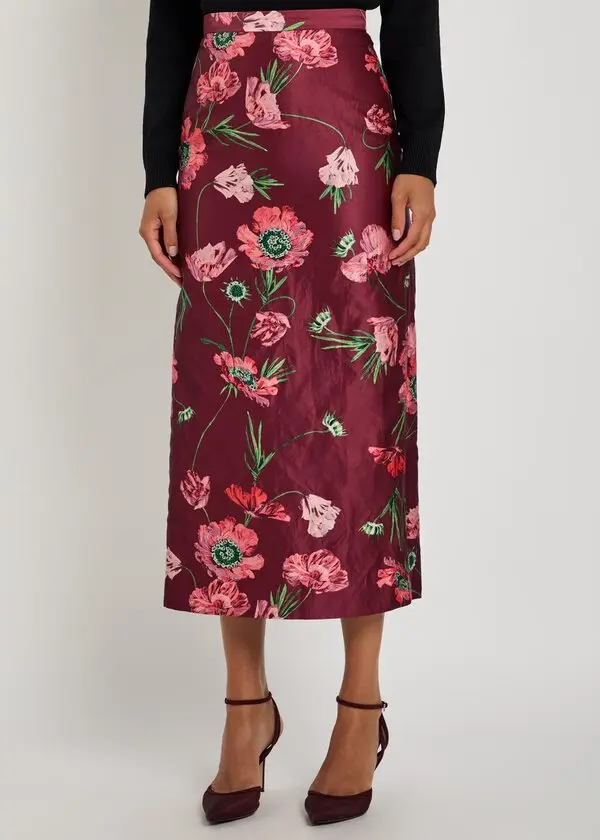 Erdem Floral-print Satin Midi Pencil Skirt