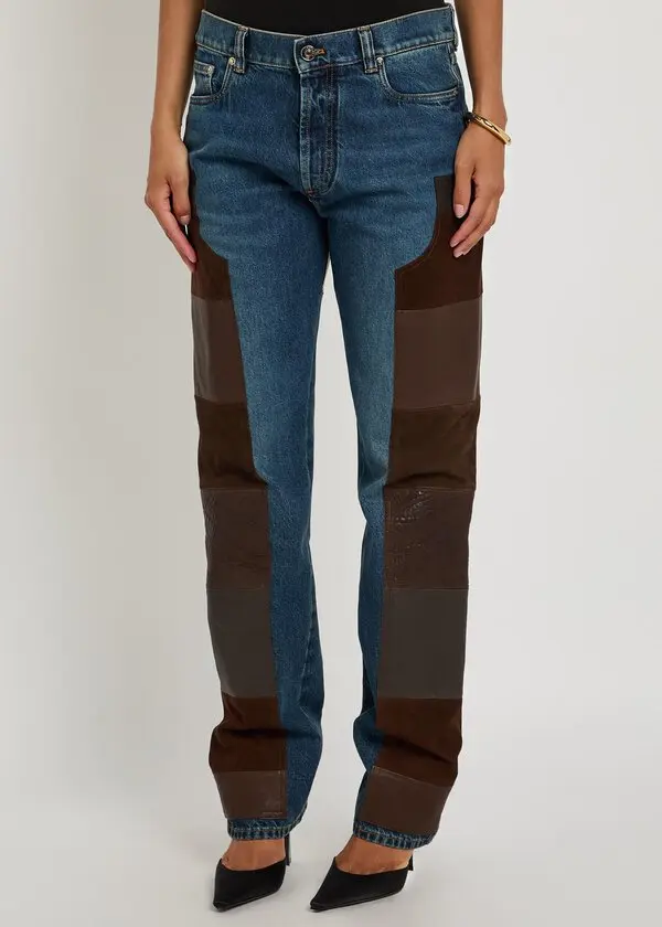 Versace Patchwork Leather And Suede Straight-leg Jeans - Blue
