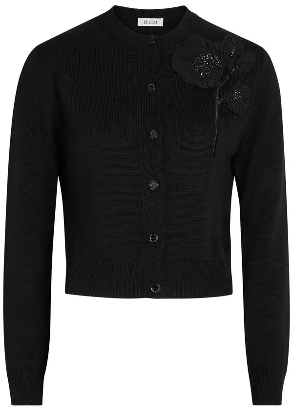 Erdem Floral-embellished Merino Wool Cardigan - Black