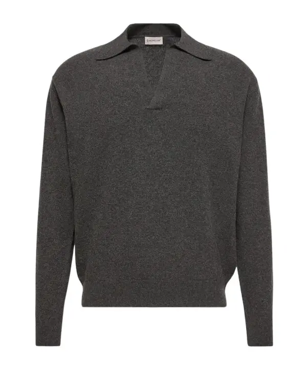 Moncler Wool Cashmere Long Sleeve Polo Shirt - Black