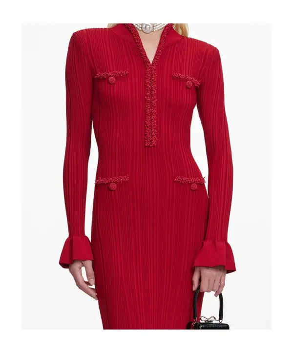 SELF-PORTRAIT Beaded-trim Ribbed Midi Dress