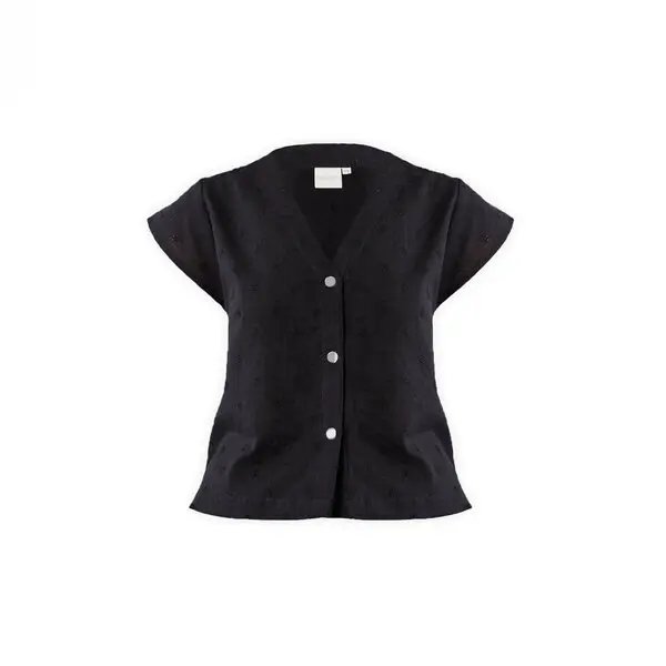 REISTOR V-neck Embroidered Top With Front Buttons - Black