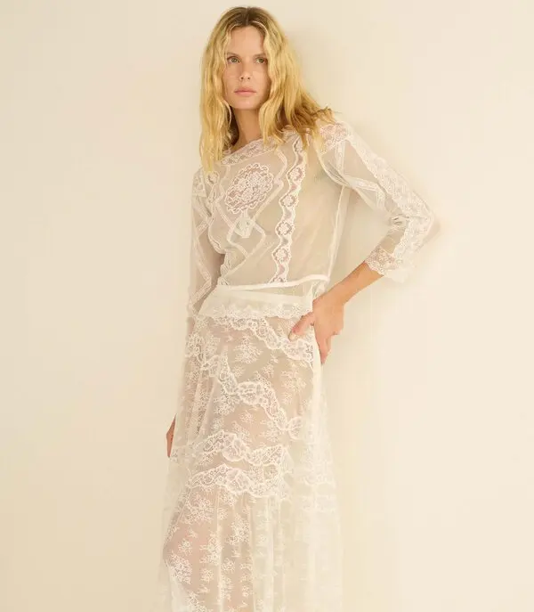 DÔEN Noella Top Lace, Sheer, Cropped, 3/4 Sleeve