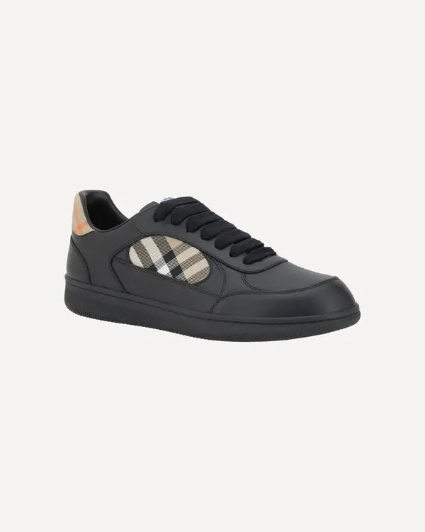 Burberry Leather Lace-up Sneakers With Iconic Check Detailing - Black