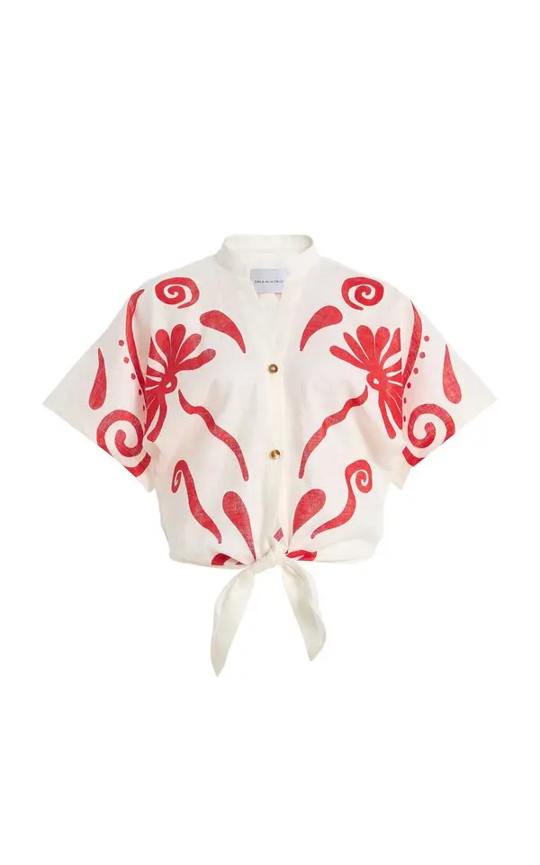 CALA DE LA CRUZ Leroy Linen Printed Top With Front Tie - Red