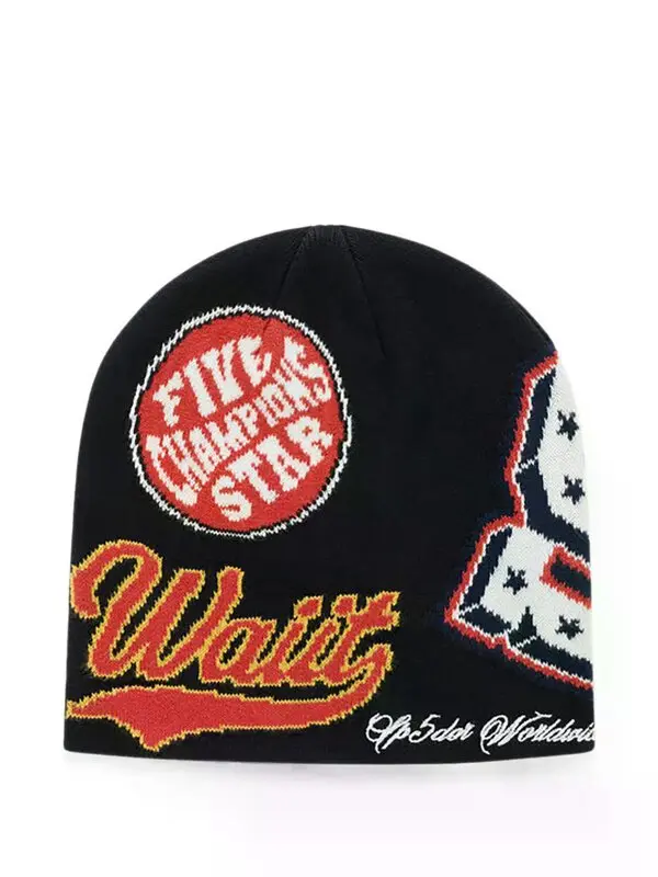 SP5DER District V Graphic-intarsia Beanie Hat - Black