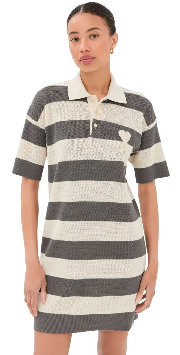 Ami Short Sleeves Polo Dress With De Coeur Patch - Blanc Crème/carbone