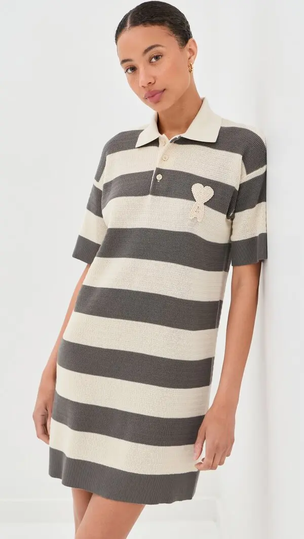 Ami Short Sleeves Polo Dress With De Coeur Patch
