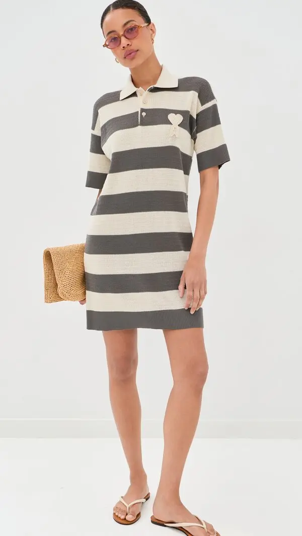 Ami Short Sleeves Polo Dress With De Coeur Patch