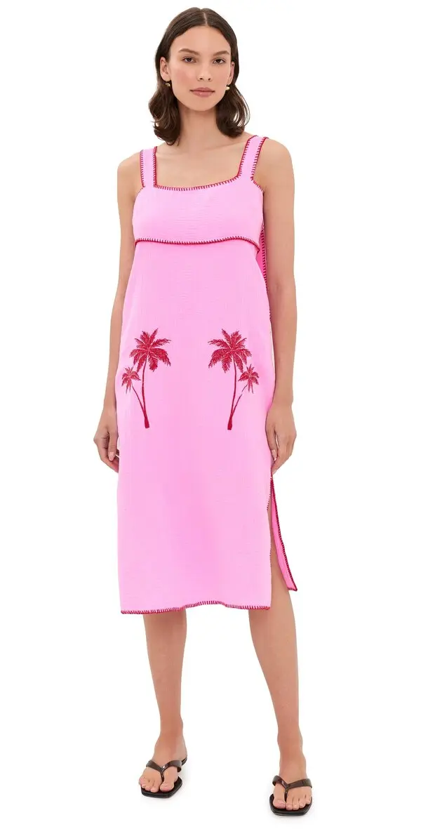 English Factory Tropical Embroidered Midi Dress - Pink/red