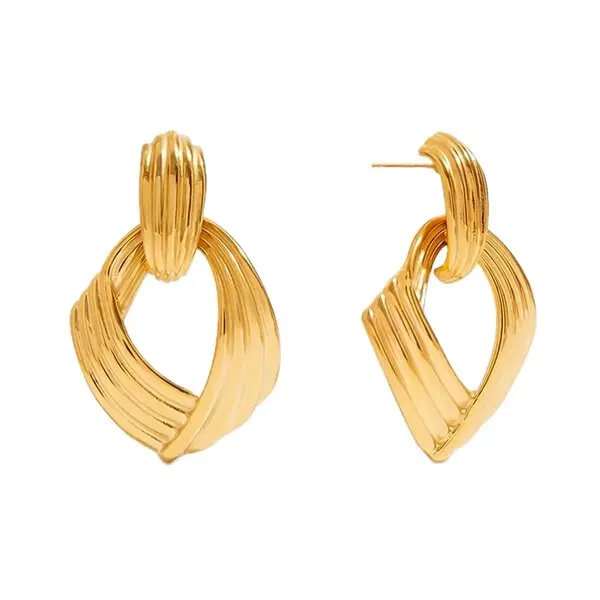 ELK & BLOOM Large Thick 14k Ribbed Drop Hoop Studs - Gold