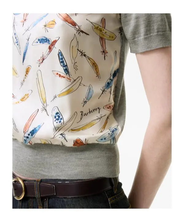 Burberry Feather Print Panel Wool Silk T-shirt