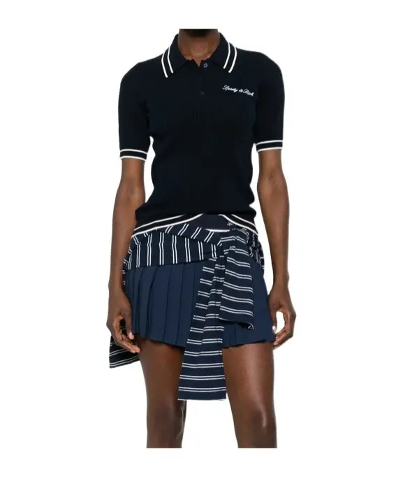 SPORTY  RICH Sporty & Rich Striped Short Sleeve Polo Shirt - Black