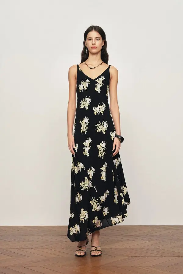 Fabrique Soleil Floral Sleeveless Maxi Dress In Light Crinkle Gauze - Black