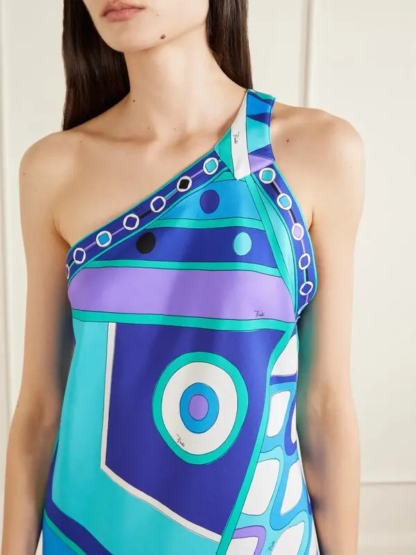 Emilio Pucci Asymmetrical One-shoulder Silk-twill Dress With Vivara Print - Blue