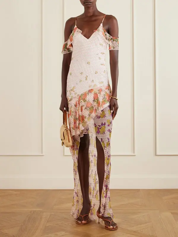 DONDE ESTEBAN Pajaritos Y Rosas Printed Ruffled Silk-chiffon Maxi Dress