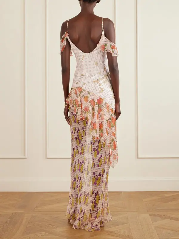 DONDE ESTEBAN Pajaritos Y Rosas Printed Ruffled Silk-chiffon Maxi Dress