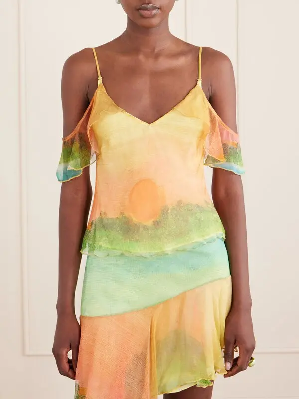 DONDE ESTEBAN Formentera Silk-chiffon Cold Shoulder Tank - Orange