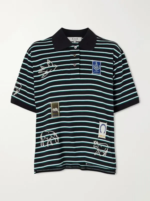 Sea Winslow Striped Cotton Polo Shirt With Appliqué And Embroidery - Black