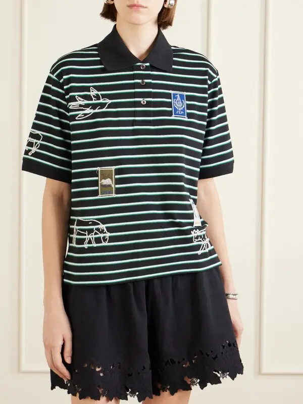 Sea Winslow Striped Cotton Polo Shirt With Appliqué And Embroidery - Black