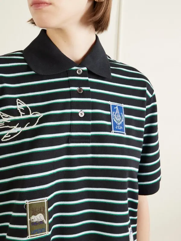 Sea Winslow Striped Cotton Polo Shirt With Appliqué And Embroidery - Black