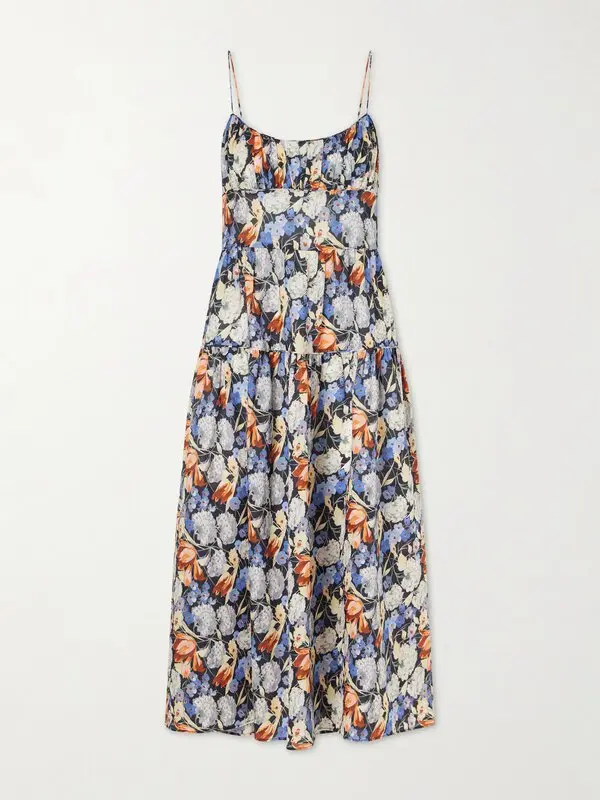 DÔEN Benoit Tiered Gathered Floral-print Ramie Midi Dress - Multi