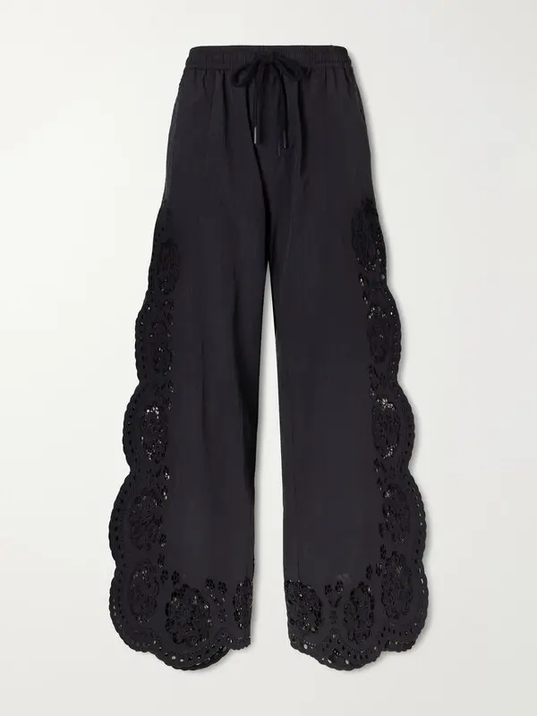 Sea Vittoria Broderie Anglaise-trimmed Shell Wide-leg Pants - Black