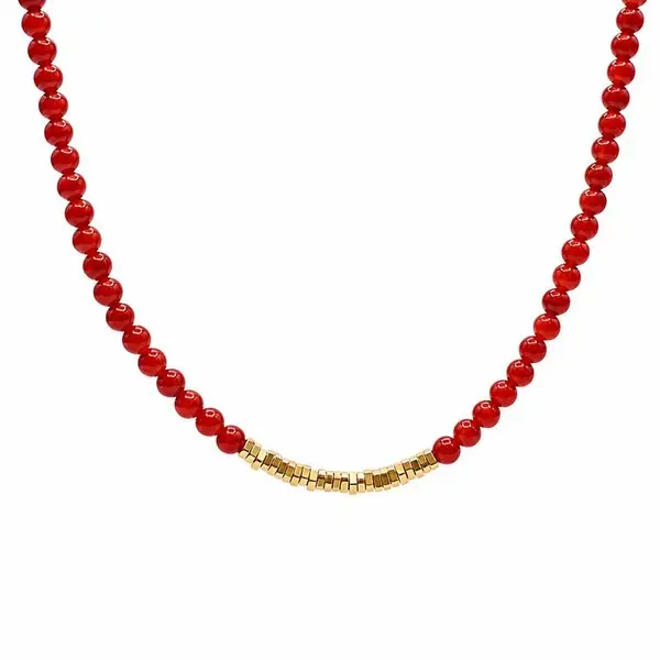 ORMIRO Navajo Agate & Golden Nugget Beaded Necklace - Red