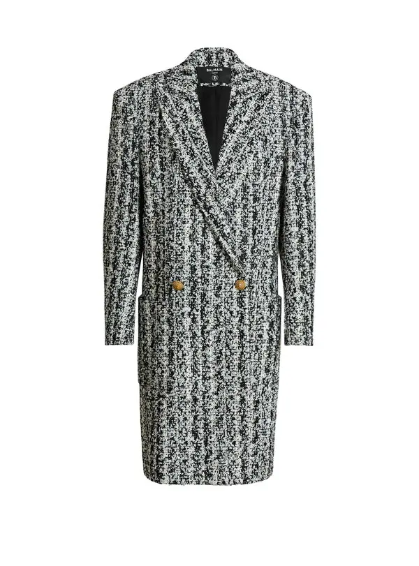 Balmain Long Two-tone Tweed Coat - Black