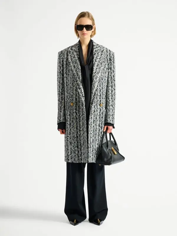 Balmain Long Two-tone Tweed Coat