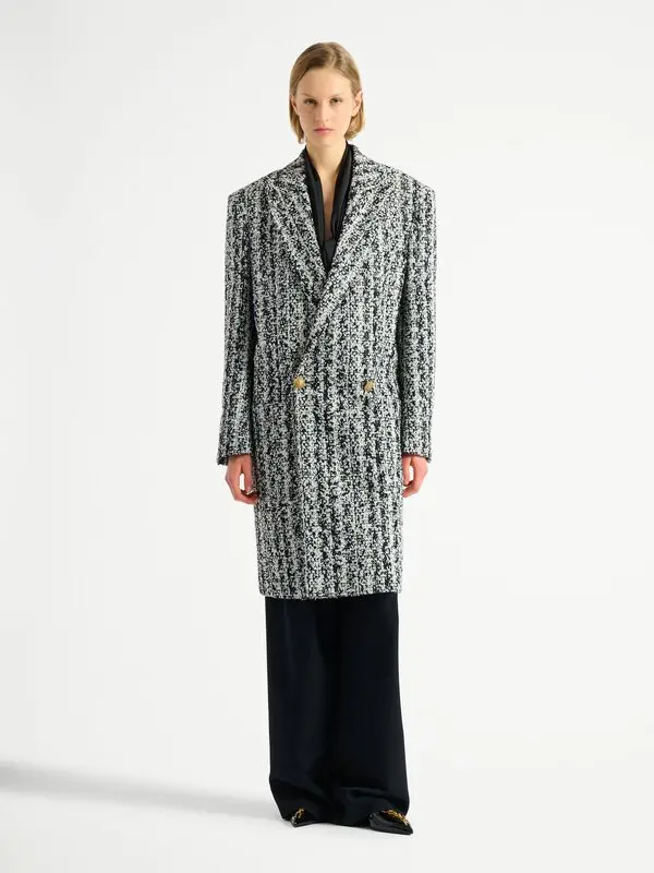 Balmain Long Two-tone Tweed Coat